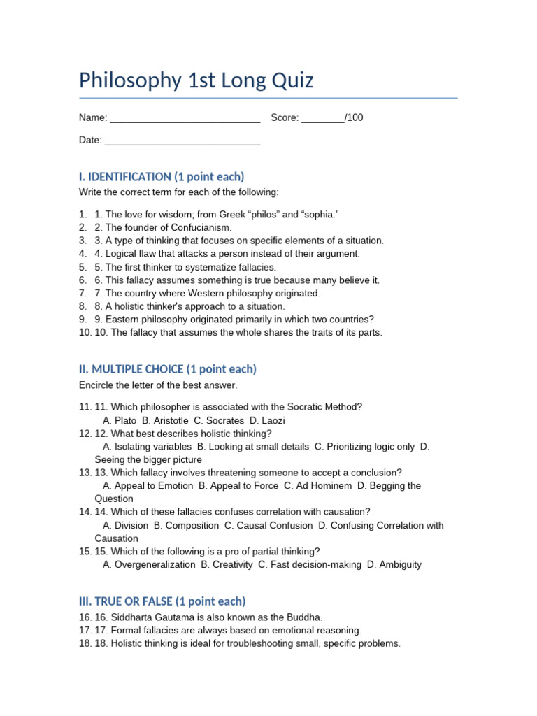Philosophy Quiz: Fallacies & Thinking Types | PDF | Fallacy | Logic