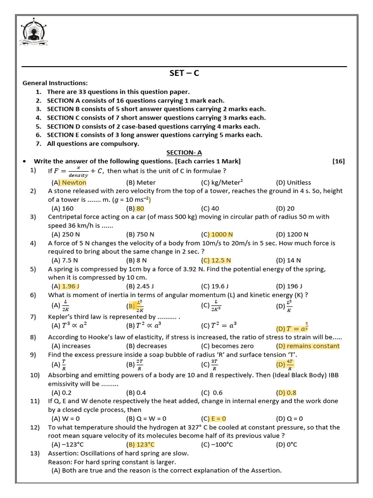 11 Sci Phy Set 3 Annual Exam | PDF | Gases | Elasticity (Physics)