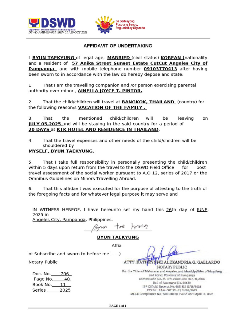DSWD Affidavit of Undertaking for Travel | PDF