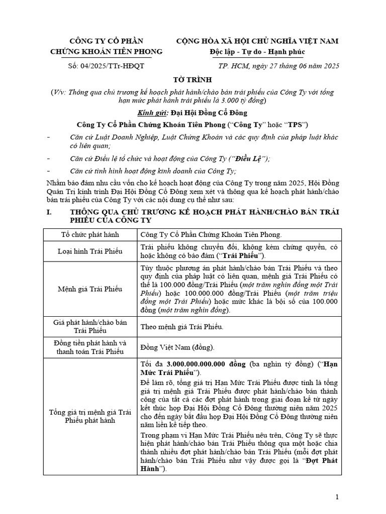 6. TTr - 04 - HĐQT - Kế Hoạch Phát Hành Trái Phiếu Dự Kiến 3000 Tỷ Năm ...