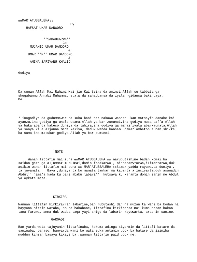 Mar'Atussaliha Book (1) Takun Farko by Hafsat Umar Dangoro | PDF