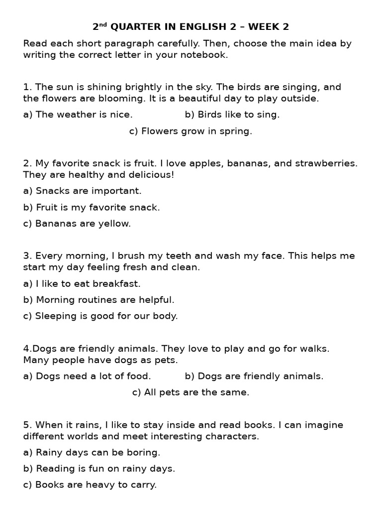 Grade 2 English Week 2 Worksheets | PDF