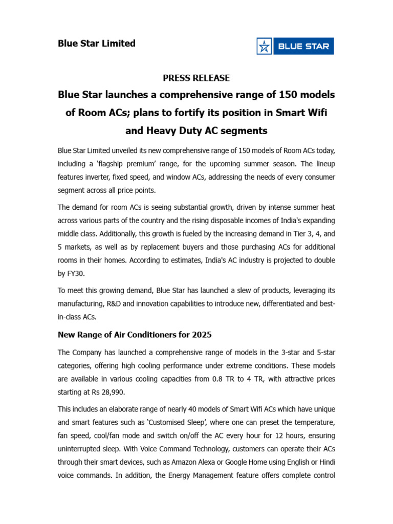 Blue Star Launches A Comprehensive Range of 150 Models of Room Acs ...