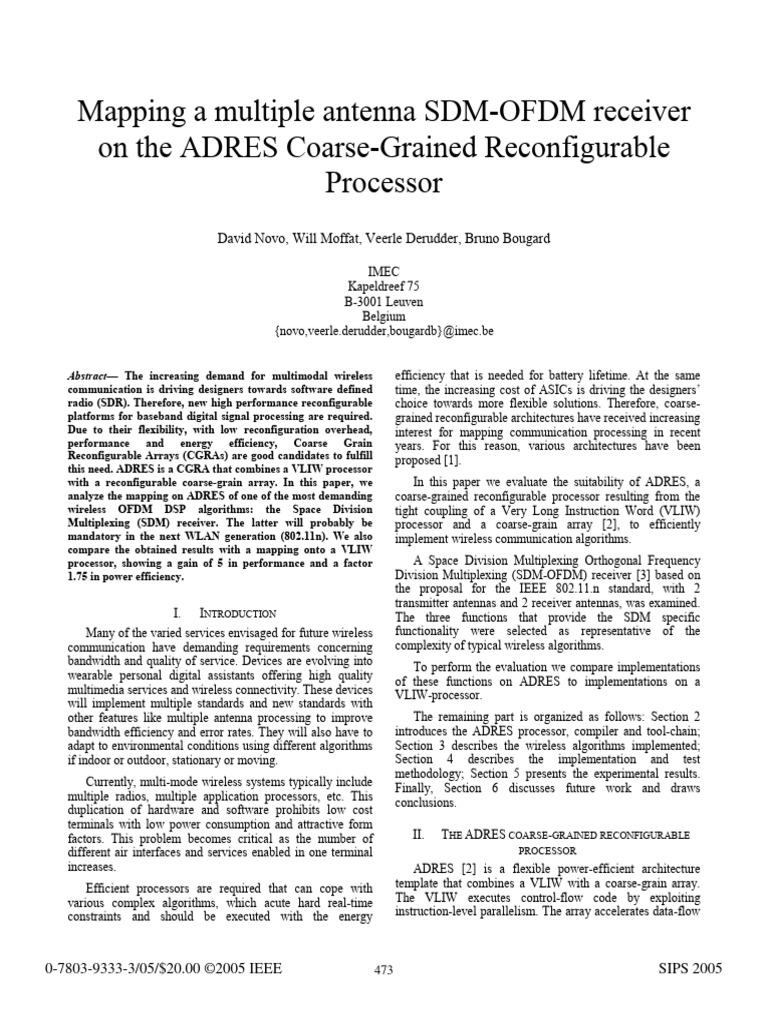 2005 Mapping A Multiple Antenna SDM-OfDM Receiver On The ADRES Coarse-Grained Reconfigurable ...