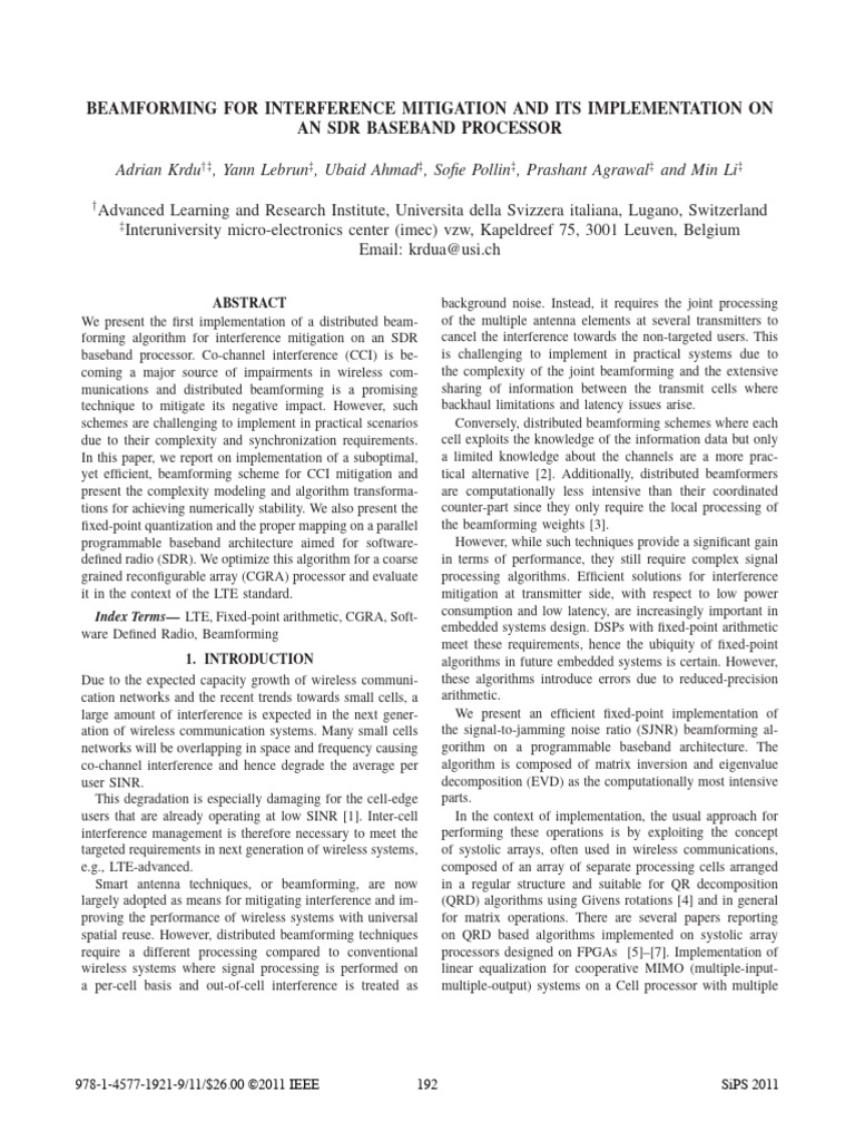 2011 Beamforming For Interference Mitigation and Its Implementation On An SDR Baseband Processor ...