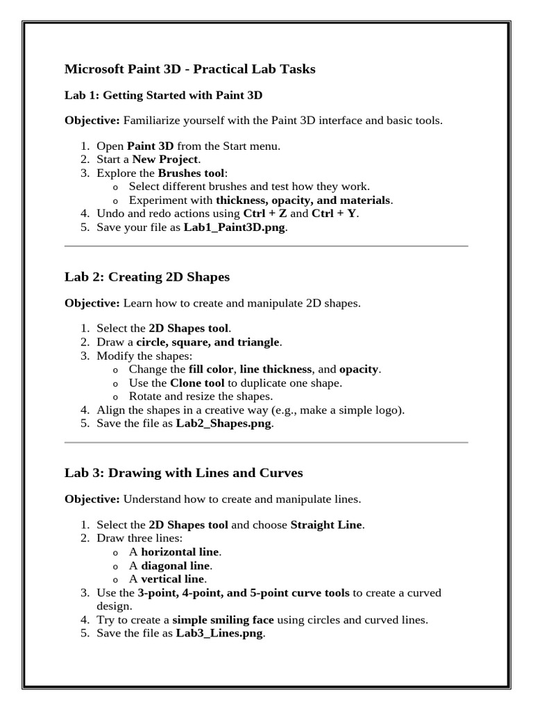 Paint 3D Practical Lab Tasks Guide | PDF | Shape | 3 D Computer Graphics