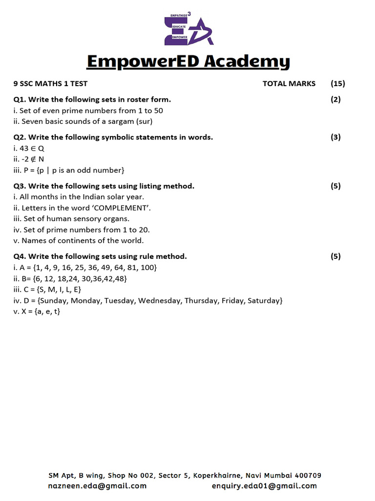 9 SSC Maths 1 Test CHP 1.1 | PDF