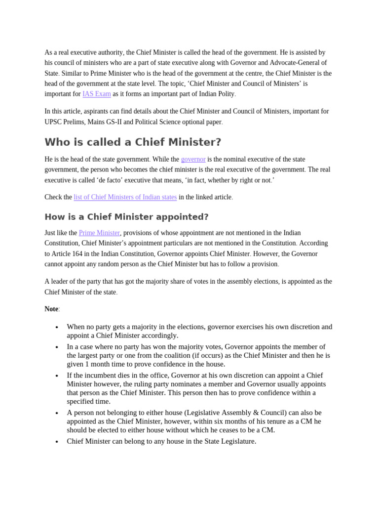 Chief Minister: Role and Authority in India | PDF | Cabinet (Government ...