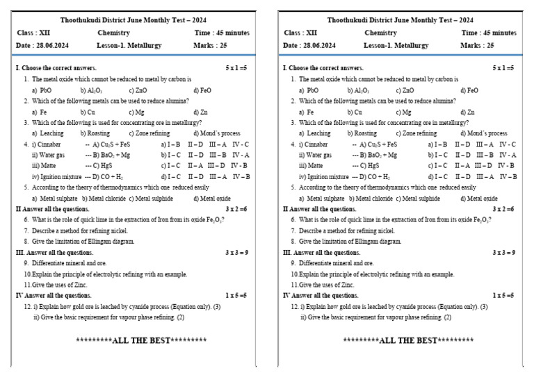 12 Chemistry June Monthly Test EM. | PDF | Iron | Zinc