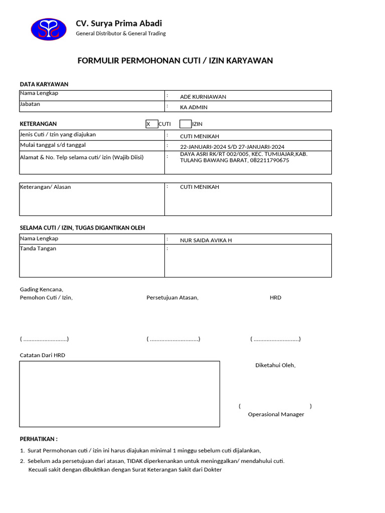 Form Cuti Izin | PDF