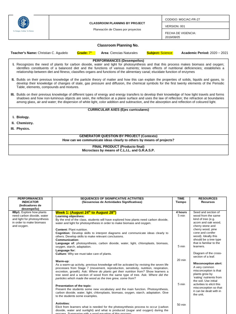 Class Planning 7th Grade - Science | PDF | Photosynthesis | Nutrition