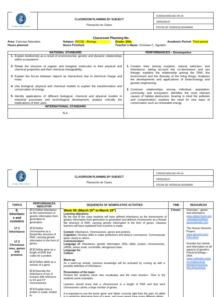 IGCSE Biology Classroom Planning Guide | PDF | Zygosity | Dominance (Genetics)