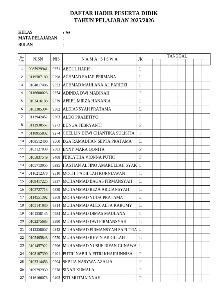 Absen Siswa KLS 9 2025-2026 | PDF