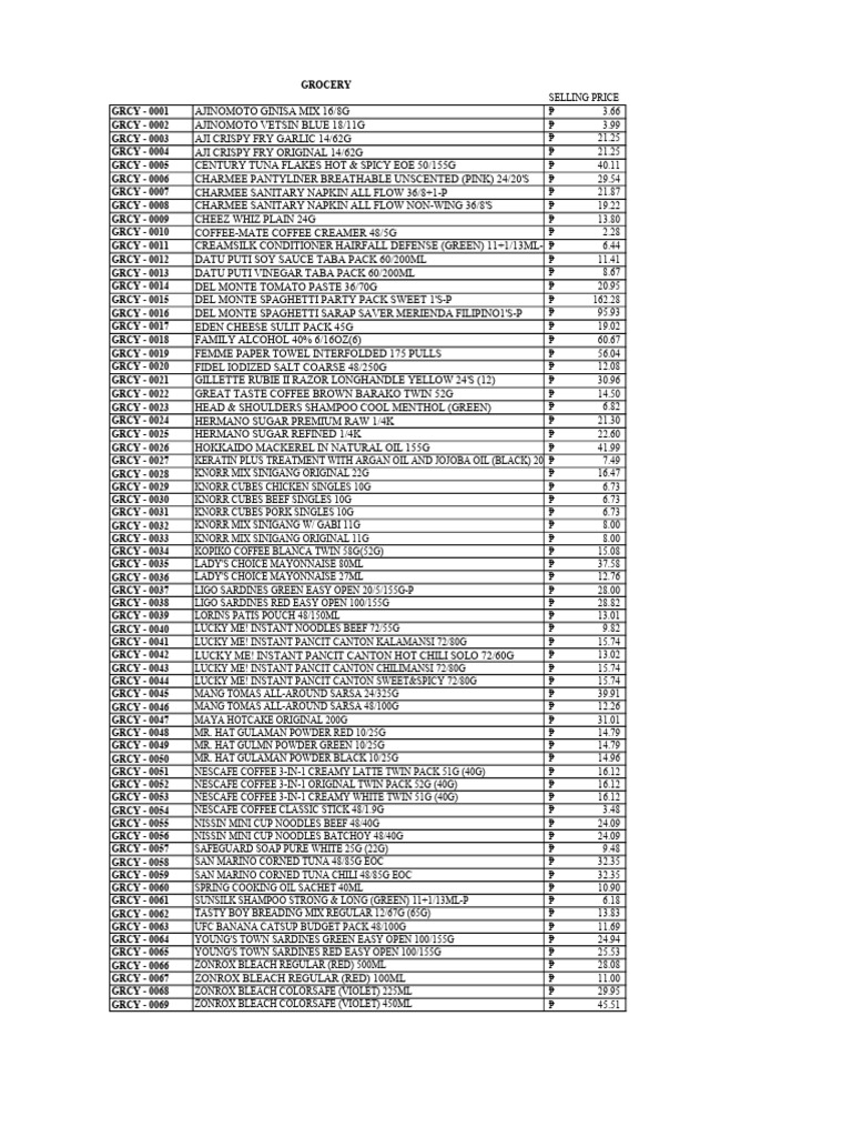 Grocery Price List and Items | PDF | Foods | Cuisine