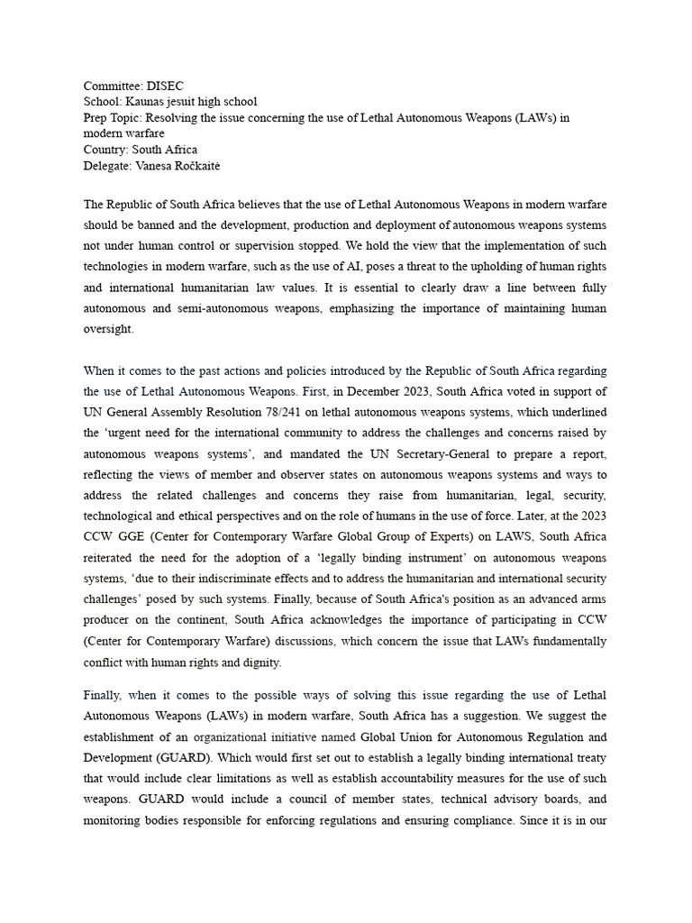 South Africa's Stance on Lethal Autonomous Weapons | PDF | Human Rights ...