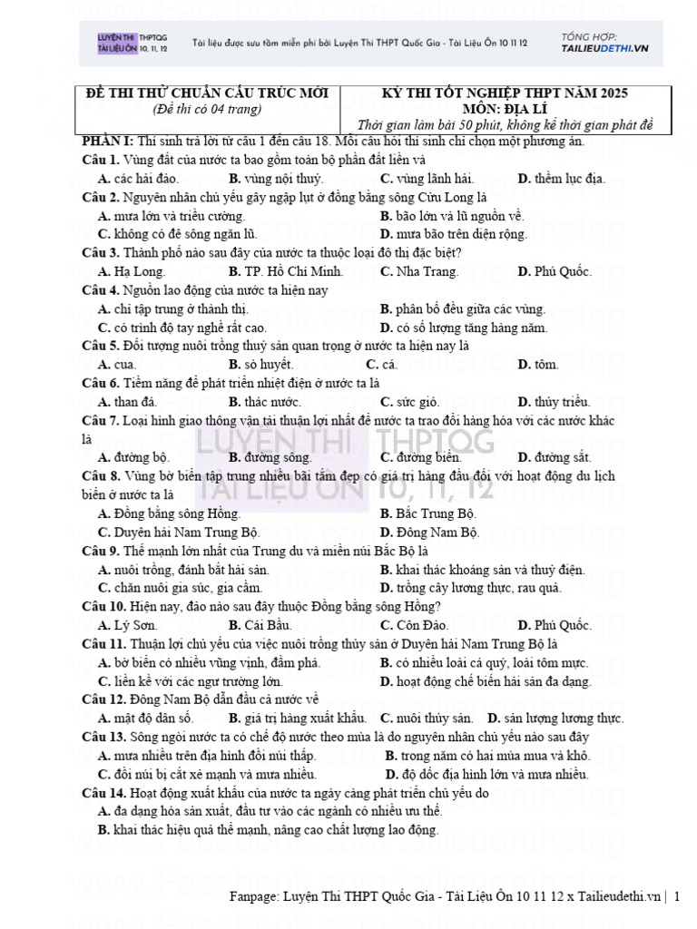 ĐỀ + ĐÁP ĐỊA THPT | PDF