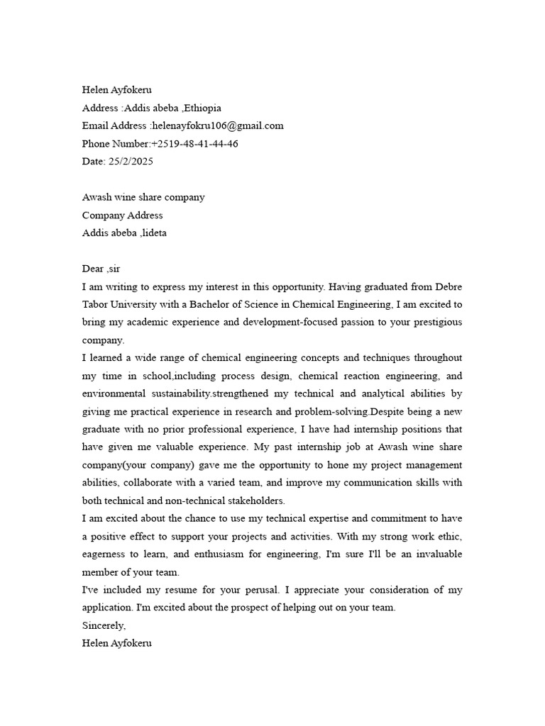 Application Letter - Awash Wine | PDF