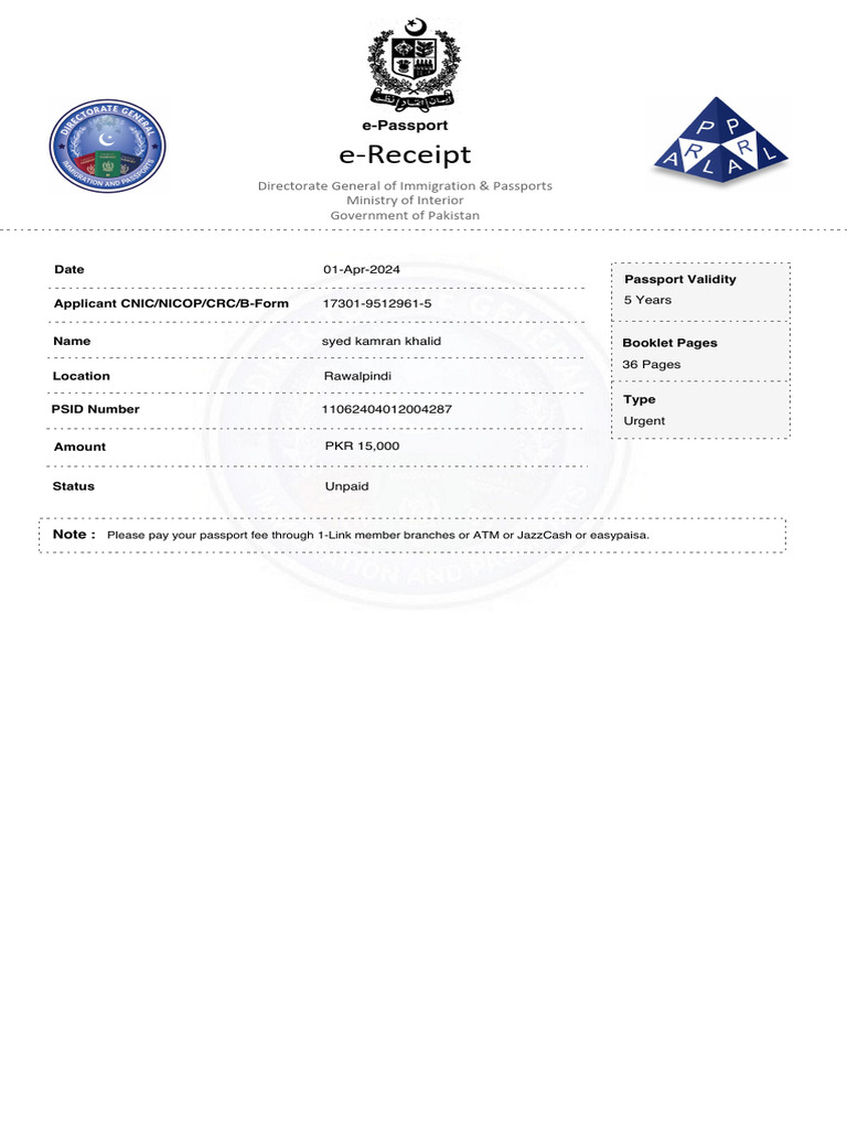 E-Receipt: Directorate General of Immigration & Passports Ministry of ...