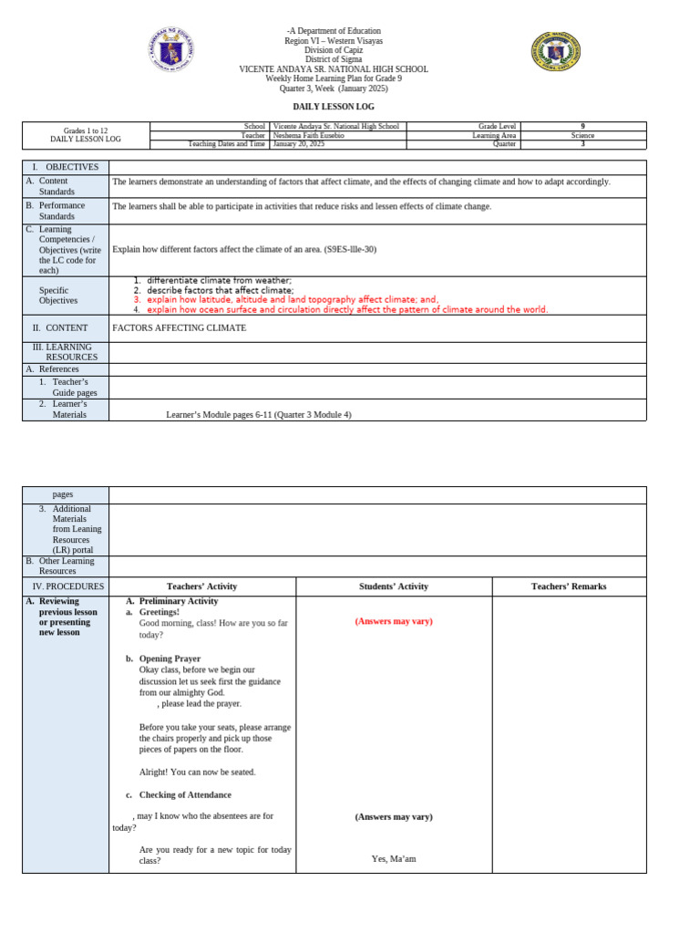 Factors Affecting Climate-Lesson Plan | PDF | Atmospheric Circulation ...