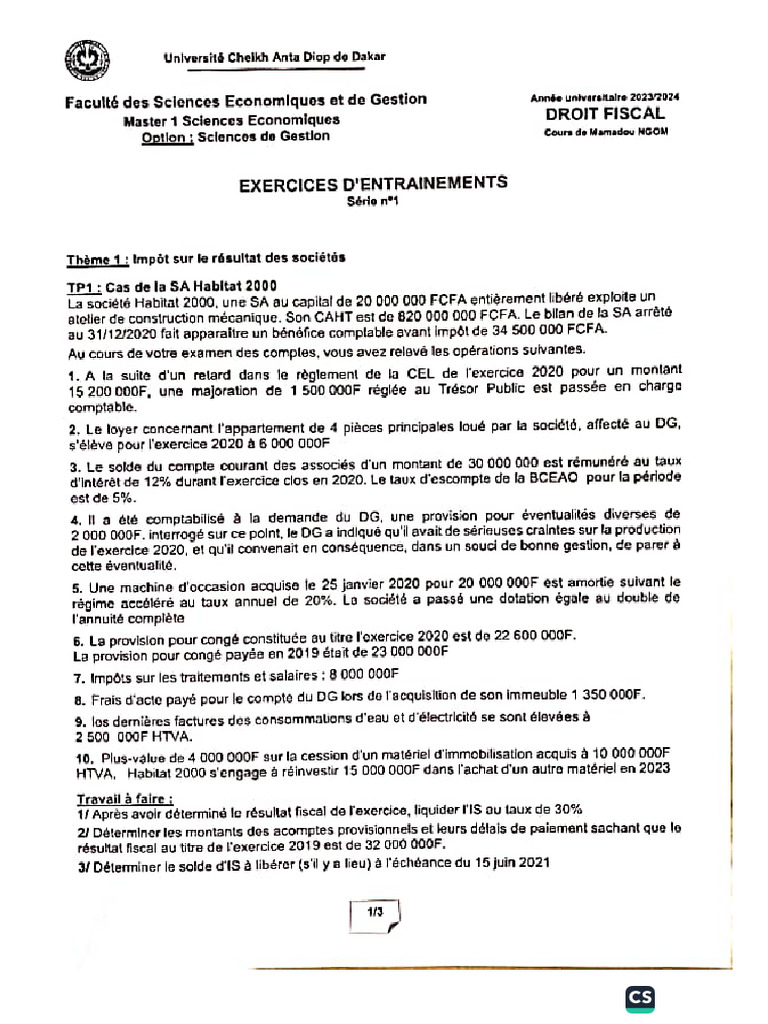 Fiche D'exercices de Droit Fiscal | PDF