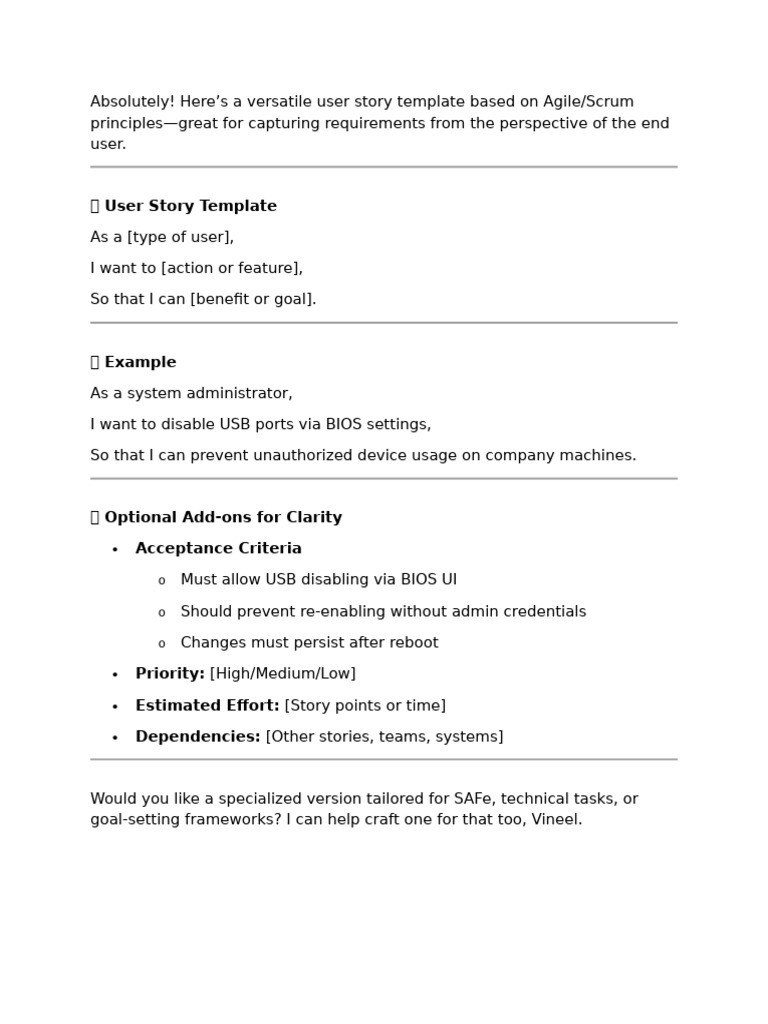 Agile User Story Template Guide | PDF