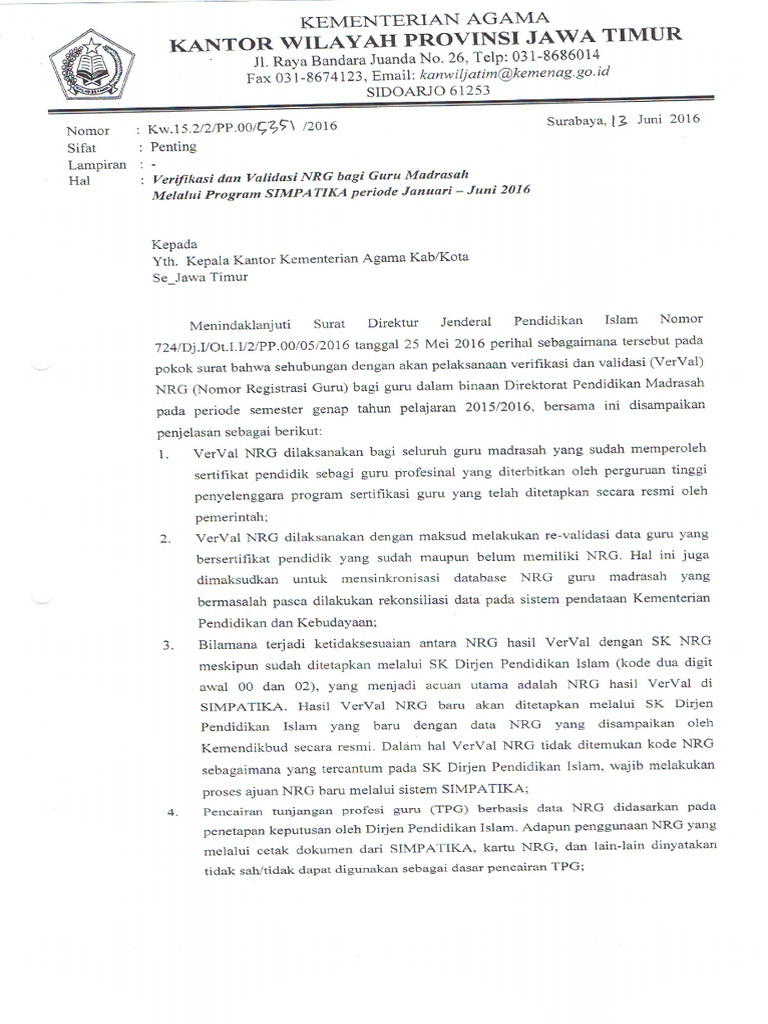 2 Surat Verval NRG Bagi Guru Madrasah Melalui Simpatika | PDF
