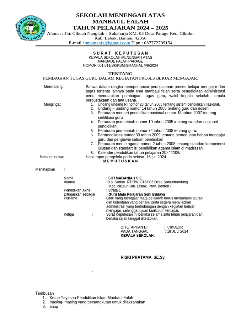 SK Mengajar - Asep Sumantri Guru Smanfal | PDF