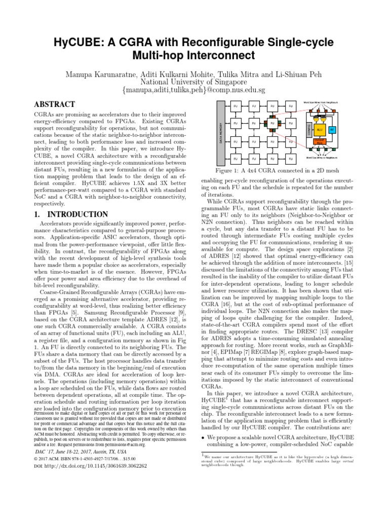 HyCUBE - A CGRA With Reconfigurable Single-Cycle Multihop Interconnect ...