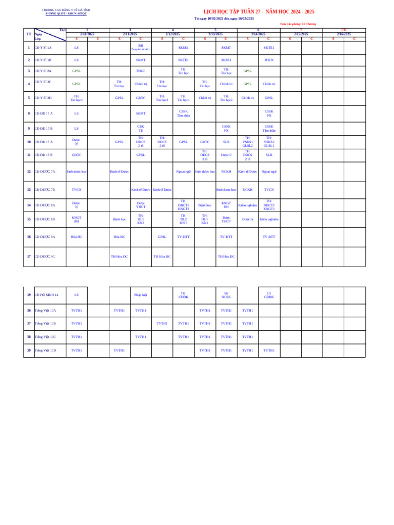 Thời Khoá Biểu Tuân 27 Năm Học42024-2025 | PDF