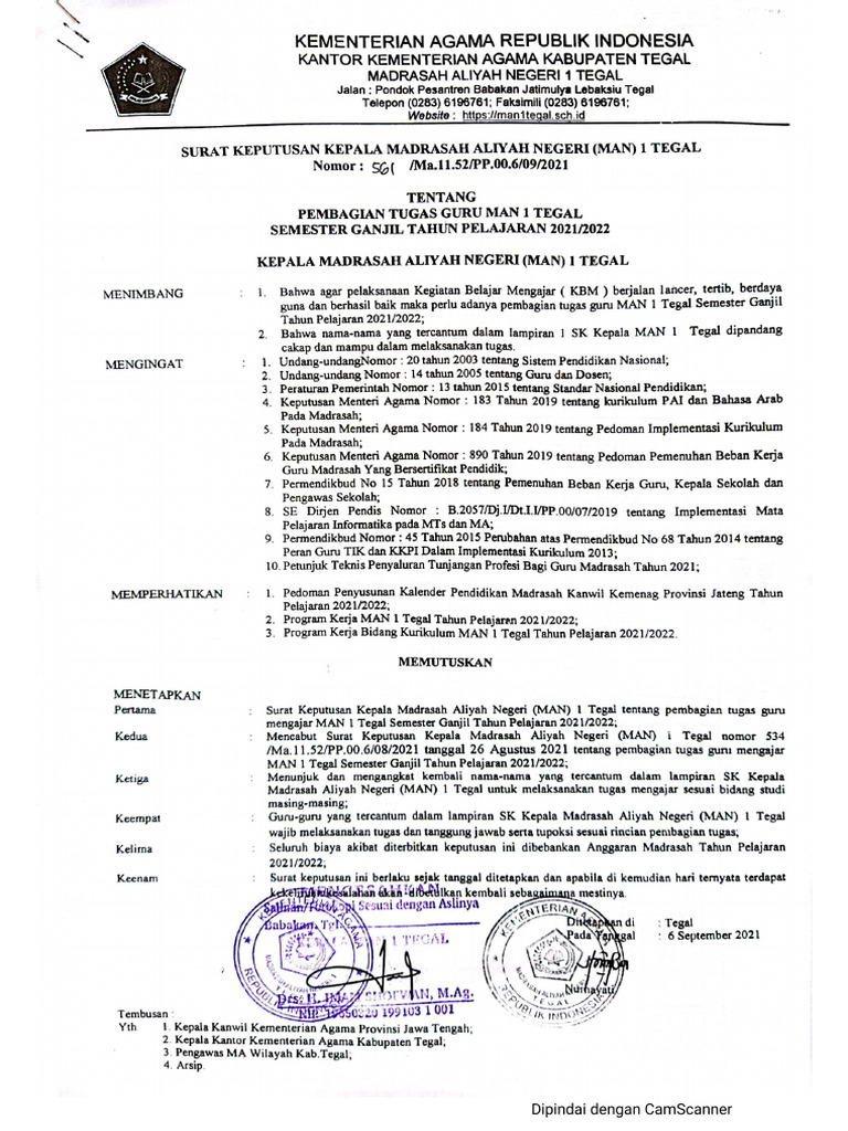 PPG - SK Pembagian Tugas 2021 2022 - Ganjil | PDF