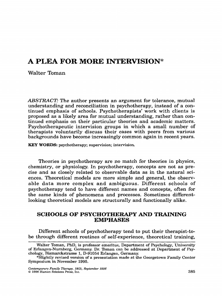 A PLEA FOR MORE INTERVISION - Toman1996 | PDF | Psychotherapy | Family ...