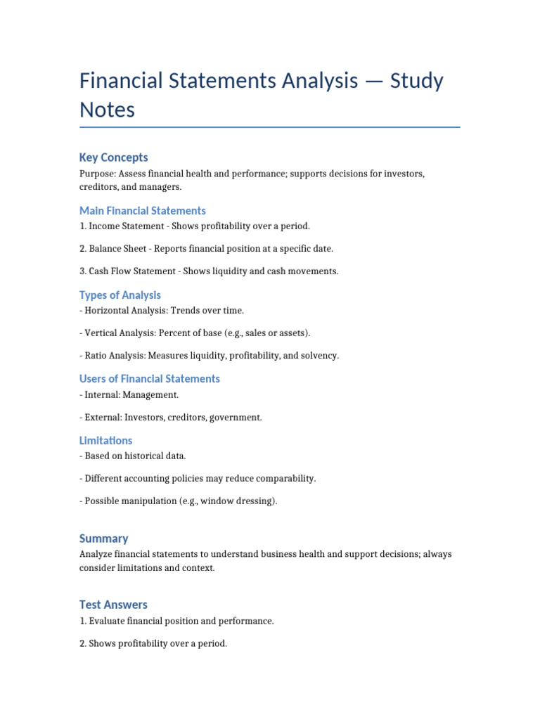 Financial Statements Analysis Summary | PDF