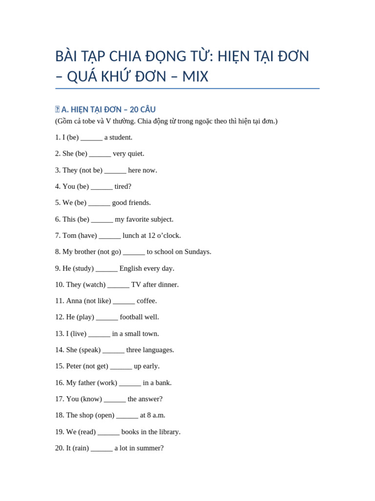 Bai Tap Chia Dong Tu Hien Tai Don Qua Khu Don MIX | PDF