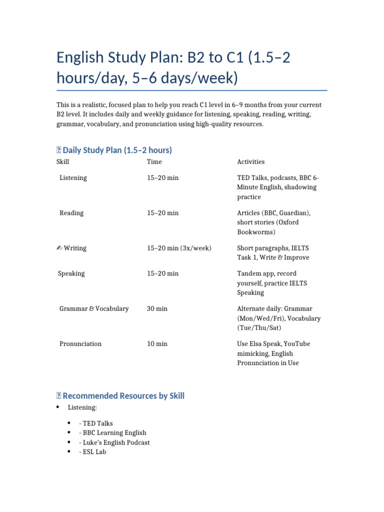 B2 to C1 English Study Plan Guide | PDF | Human Communication | Applied ...