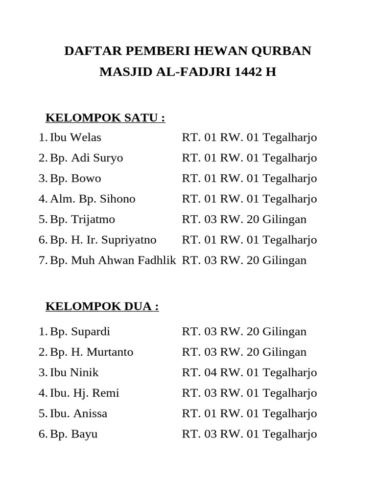 Pemberi Hewan Qurban Masjid Al-Fadjri 1442 H | PDF