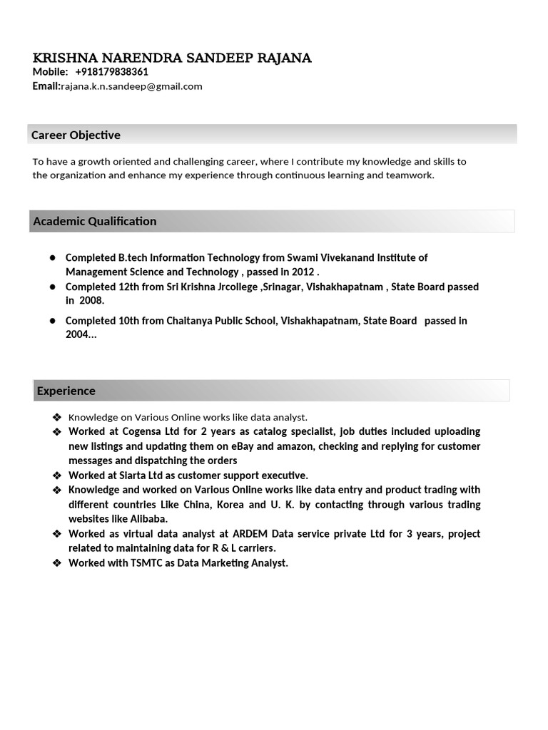 Resume Krishna Narendra Sandeep Rajan A | PDF