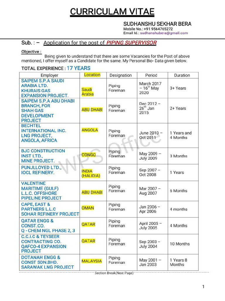 Sudhanshu Sekhar Bera CV Piping Supervisor | PDF