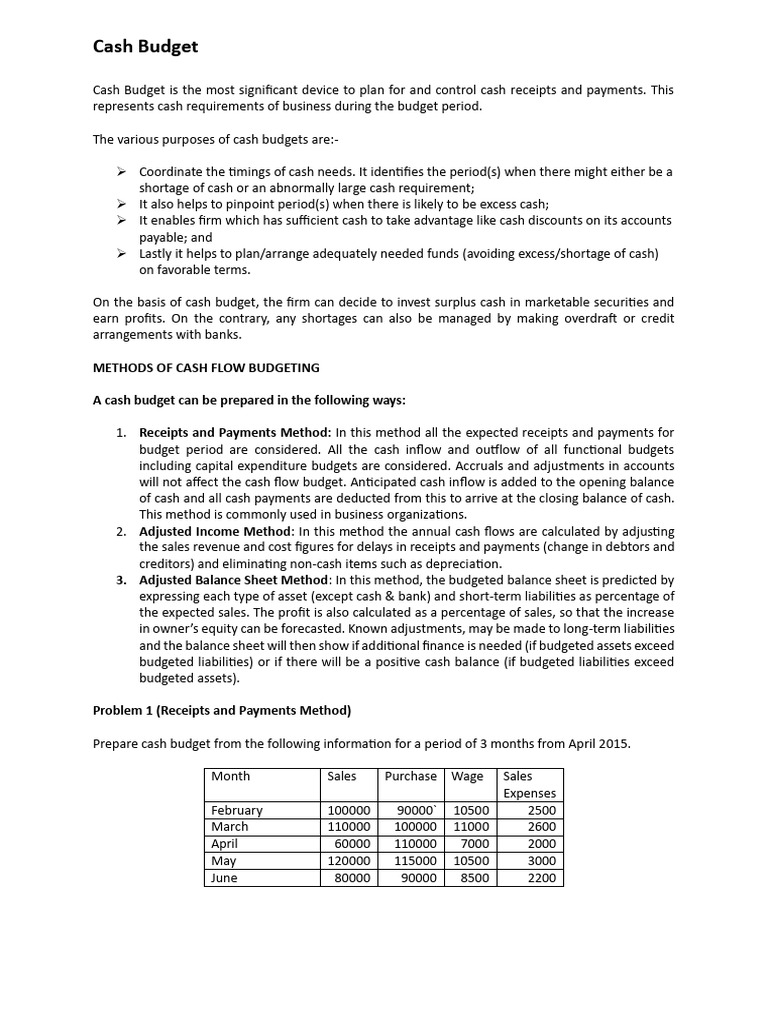 Cash Budgeting Methods and Applications | PDF | Budget | Expense