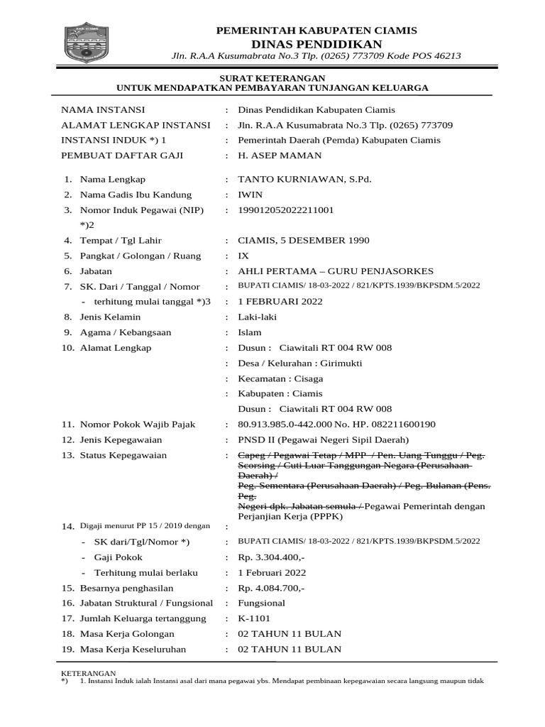 Surat Keterangan Tunjangan Keluarga PNSD | PDF