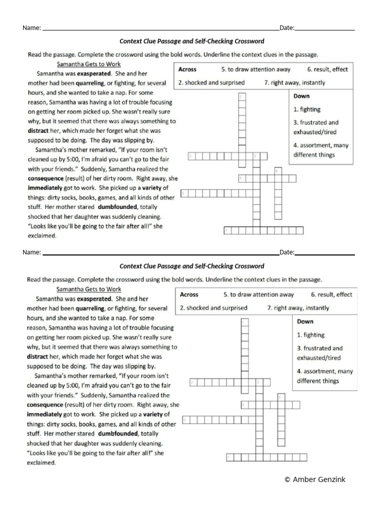 Context Clue Crossword for Grade 5 | PDF