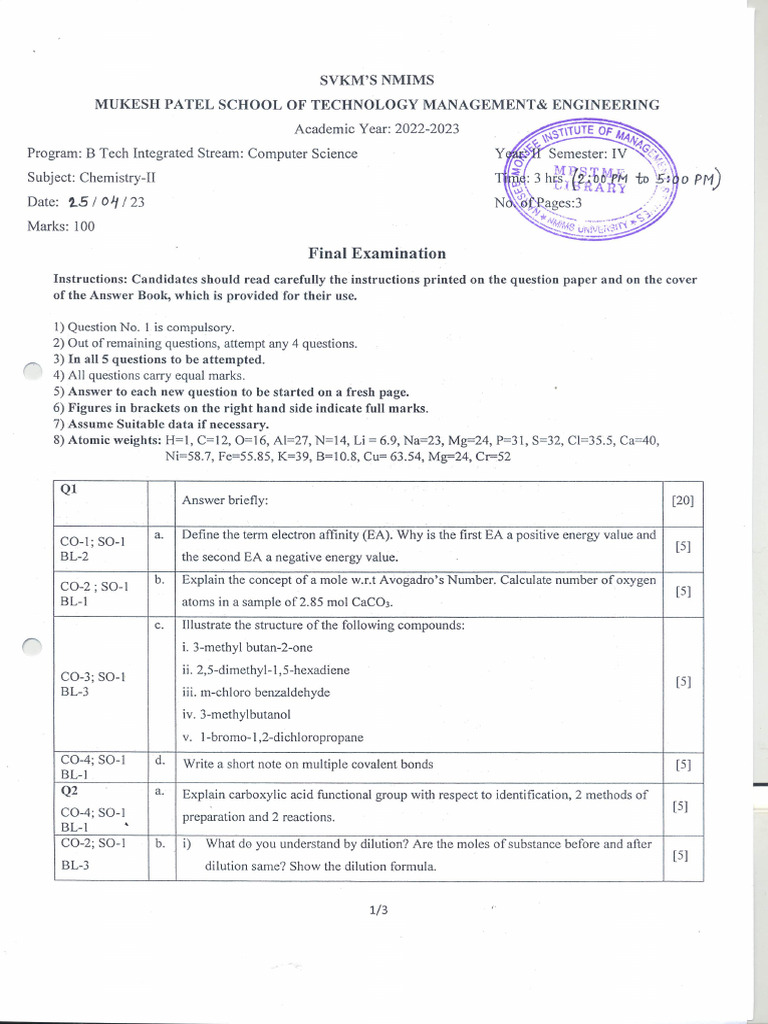 Chemistry II Batch 2022-23 Final | PDF