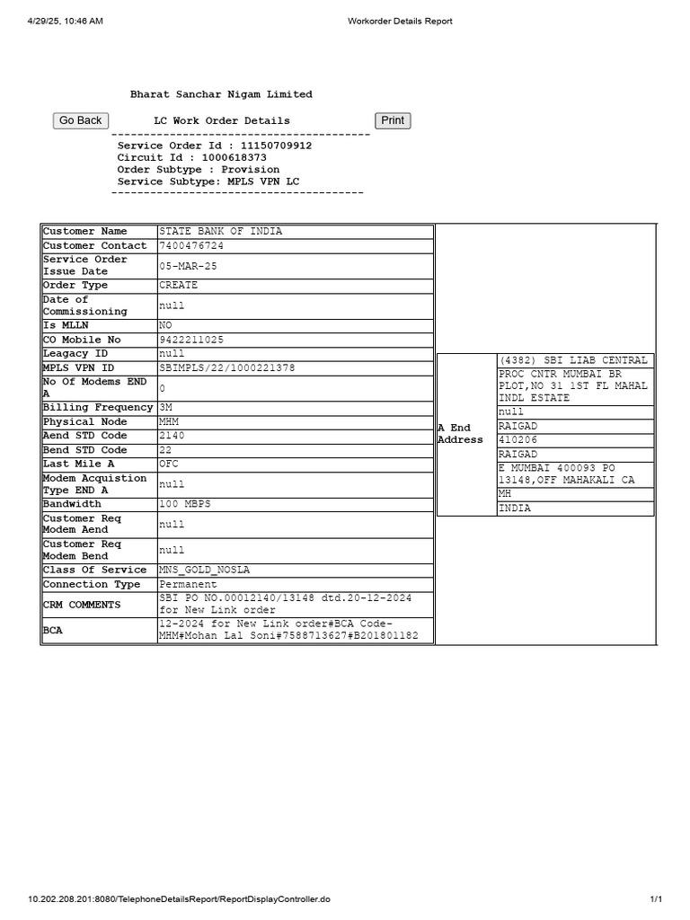 Workorder Details Report - 1000618373-Liab Central Proc CNTR Mumbai (100 MBPS) | PDF | Computer ...