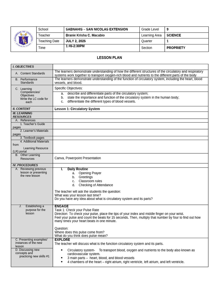 Grade 9 Science Lesson Plan: Circulatory System | PDF | Circulatory ...