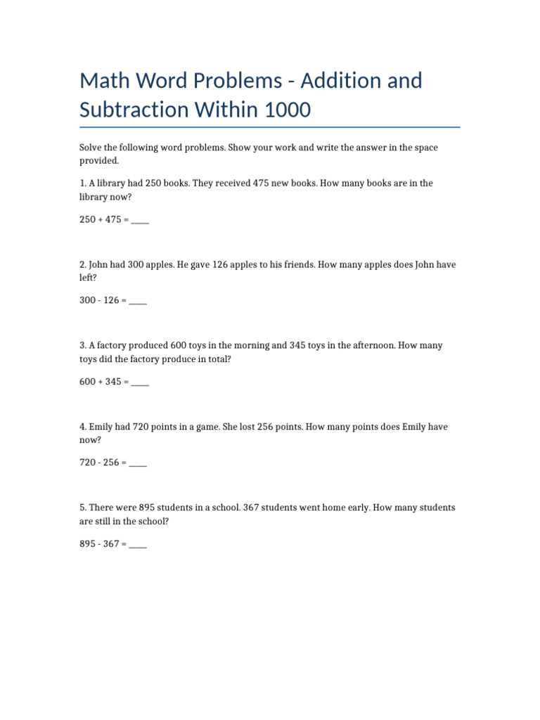 Addition and Subtraction Word Problems | PDF