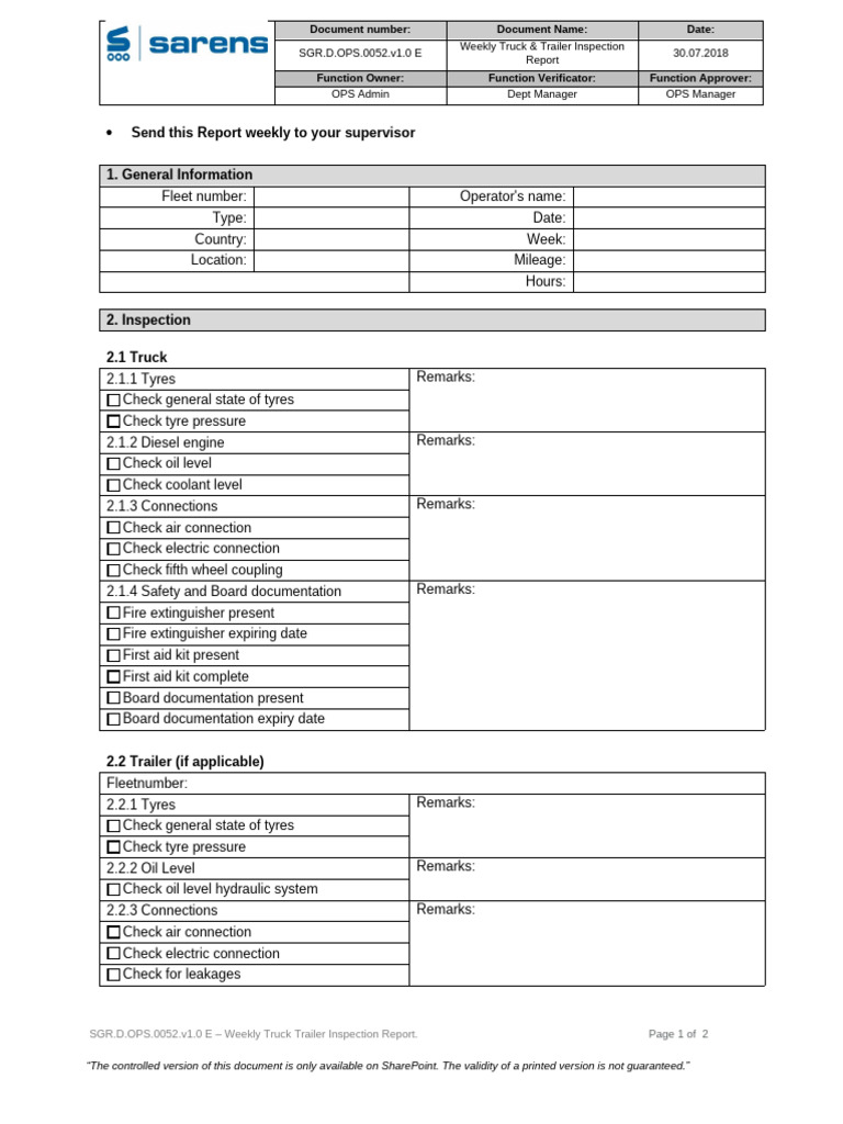 Weekly Truck & Trailer Inspection Report | PDF | Truck | Vehicles
