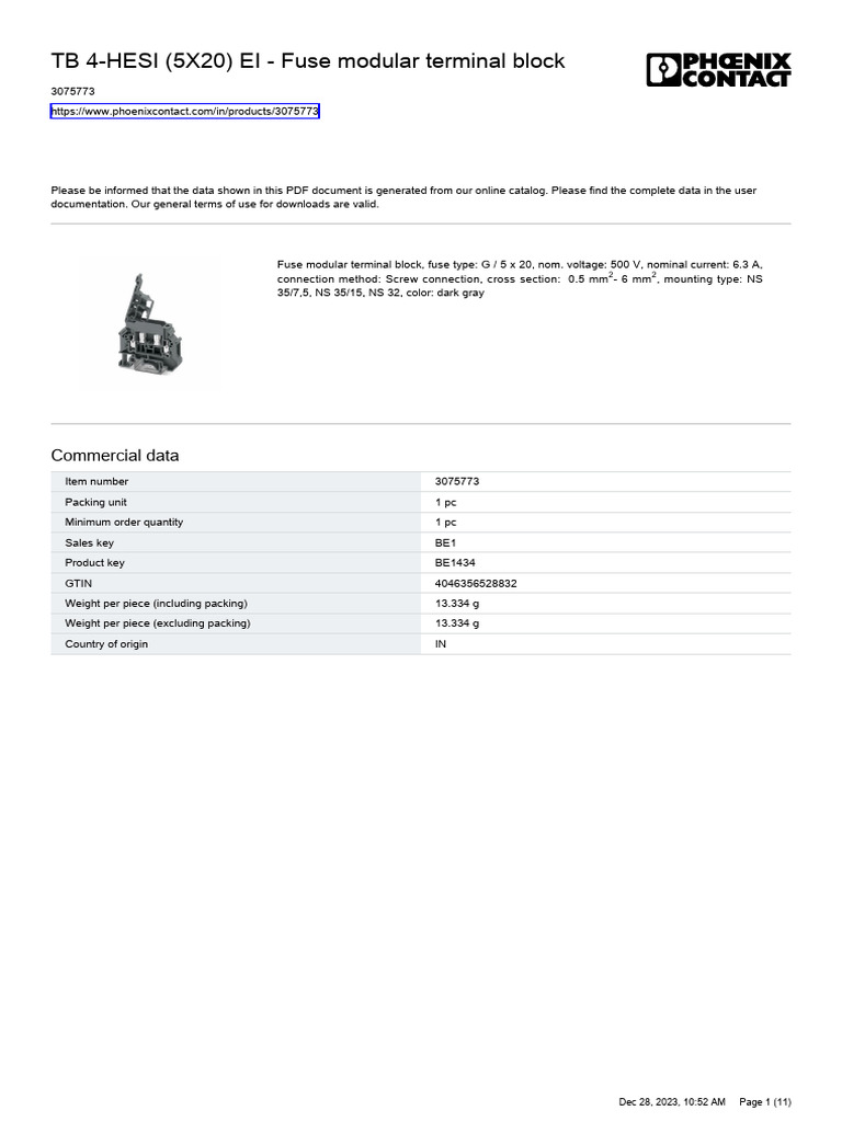 TB 4-HESI Fuse Terminal Block Details | PDF | Fuse (Electrical ...