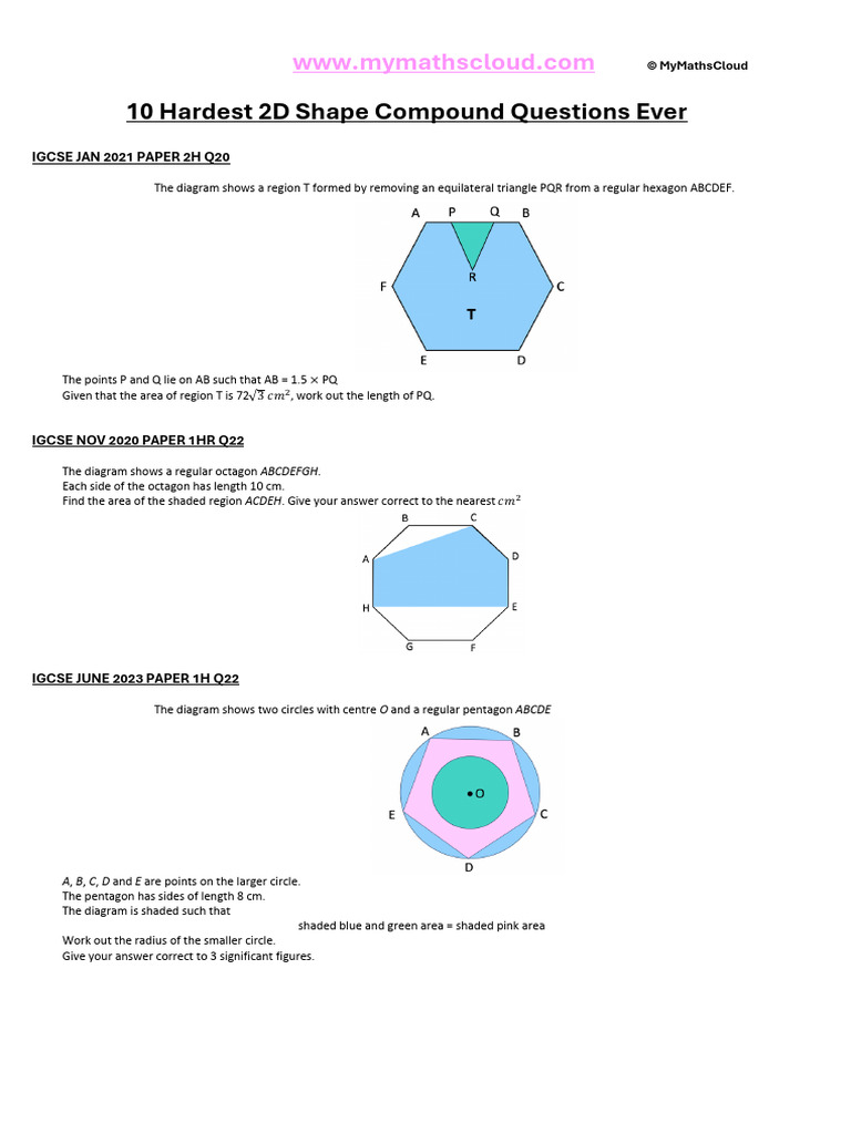 2D Shapes - 10 Hardest GCSE Questions Ever | PDF | Area | Circle