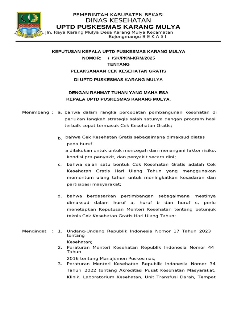 SK CKG Puskesmas Karang Mulya Tahun 2025 | PDF
