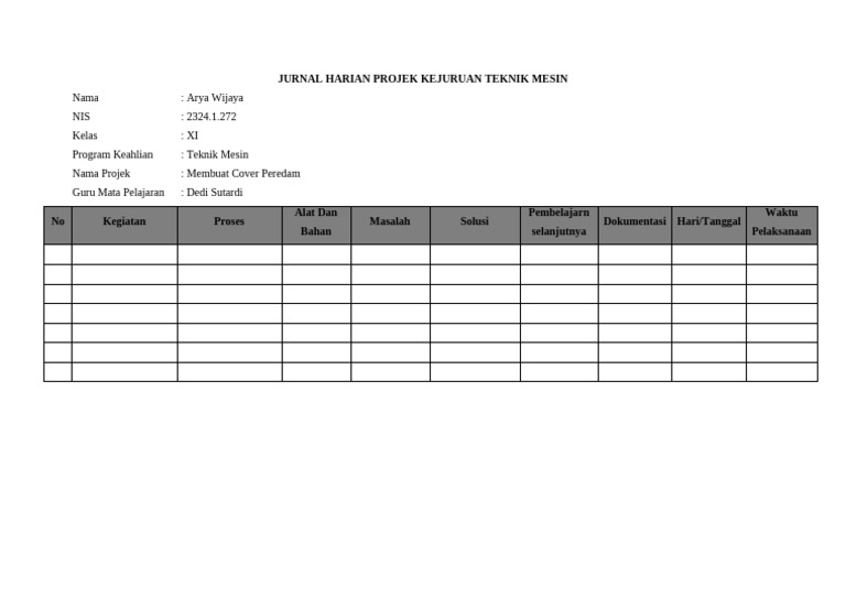 Jurnal Harian Projek Kejuruan Teknik Mesin | PDF