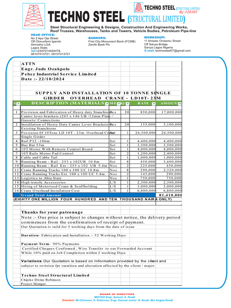 Techno Steel Overhead Crane Quotation | PDF
